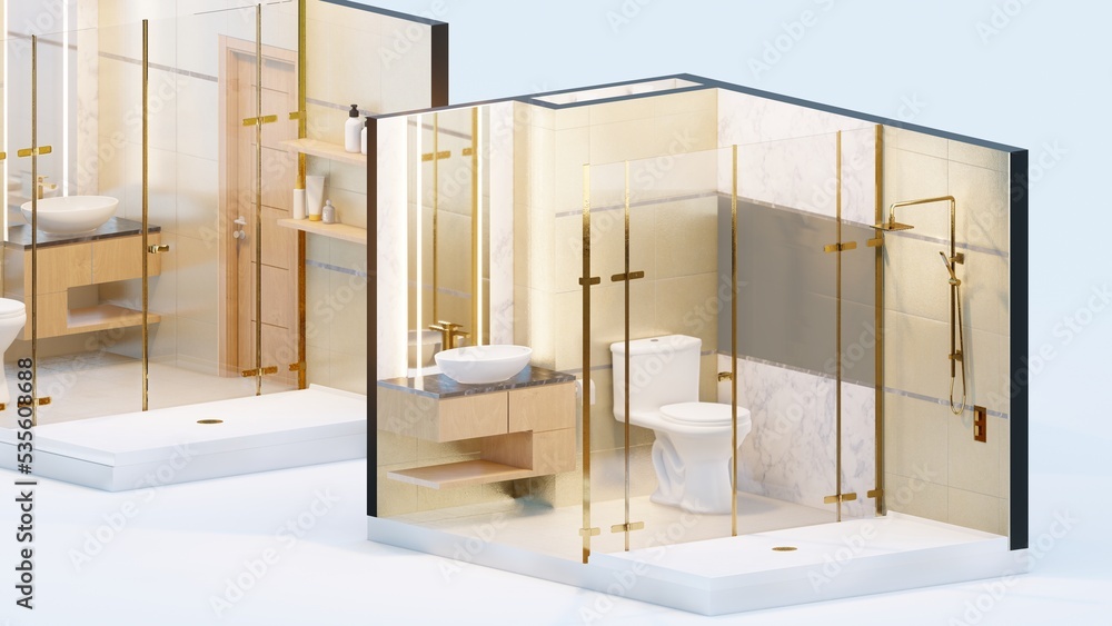 Axonometric toilet interior view with wash area and bath facility Stock ...