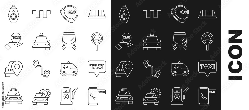 Set line Taxi call telephone service, Map pointer with taxi, Magnifying ...