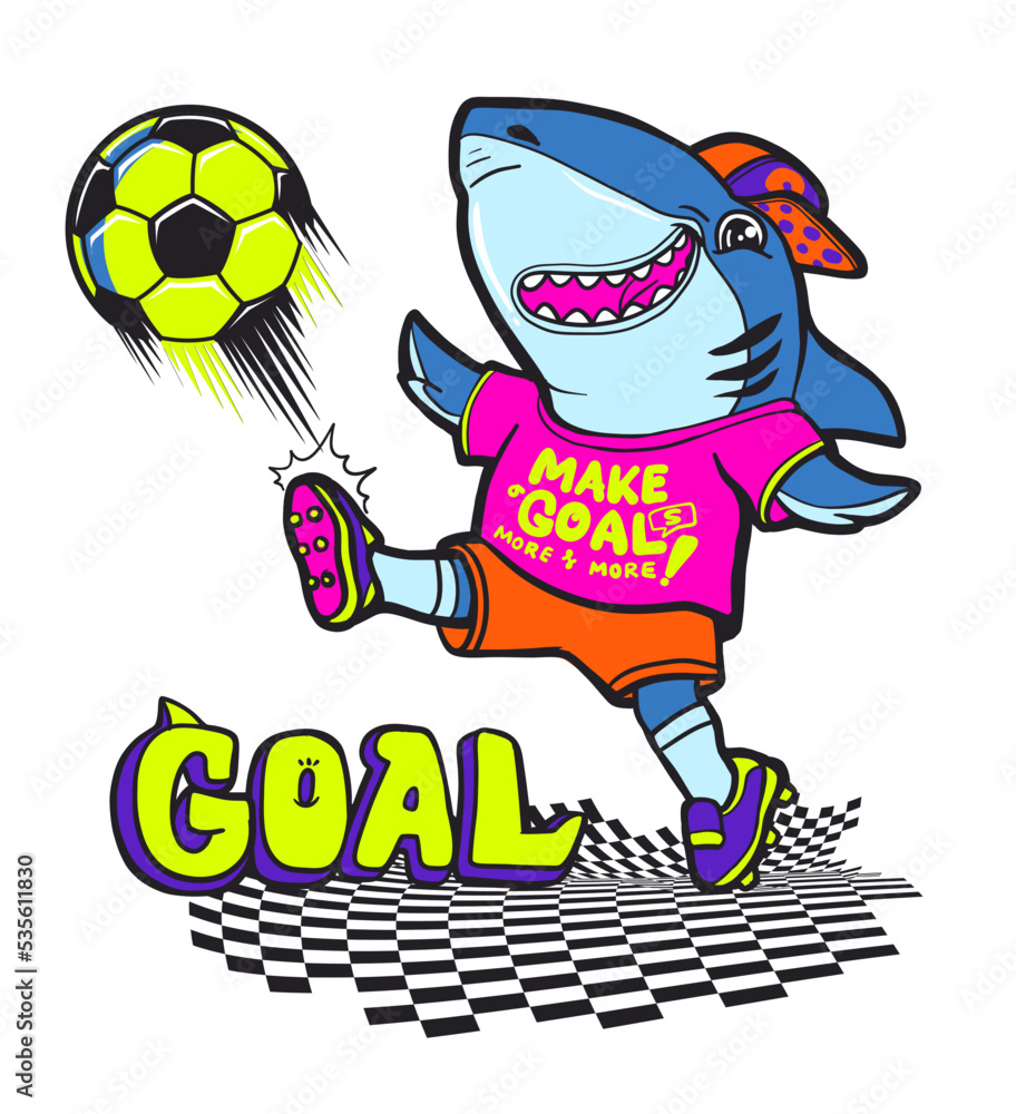 Cartoon shark football player playing football with neon soccer ball on ...