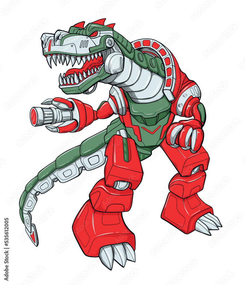 Red dragon robot illustration. Robotically dinosaur poster. Robotic ...