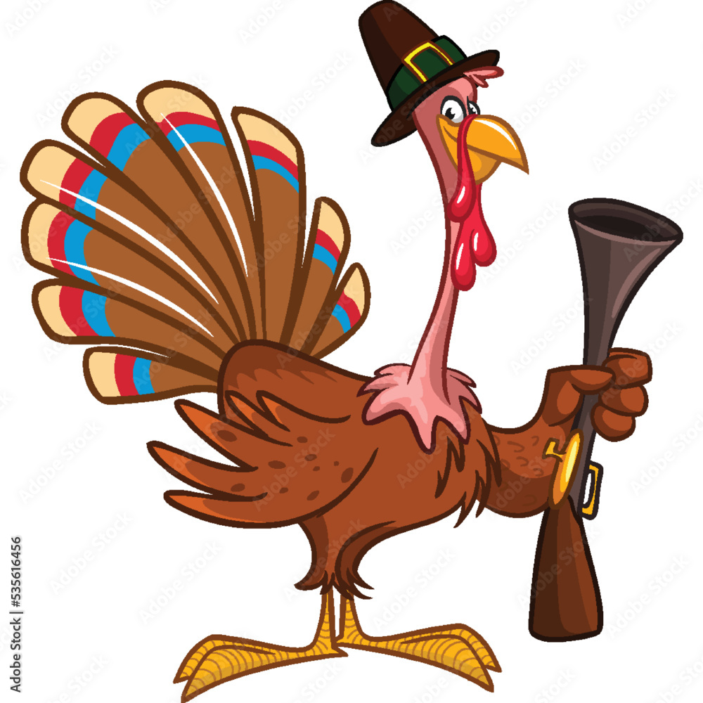 Cartoon happy cute thanksgiving turkey bird holding a gun. Vector ...