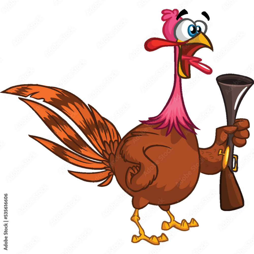 Cartoon happy cute thanksgiving turkey bird holding a gun. Vector ...