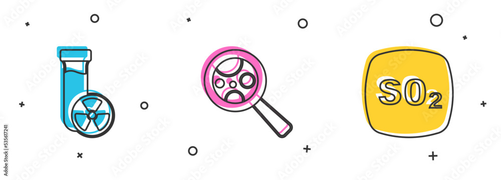 Set Test tube with toxic liquid, Microorganisms under magnifier and ...