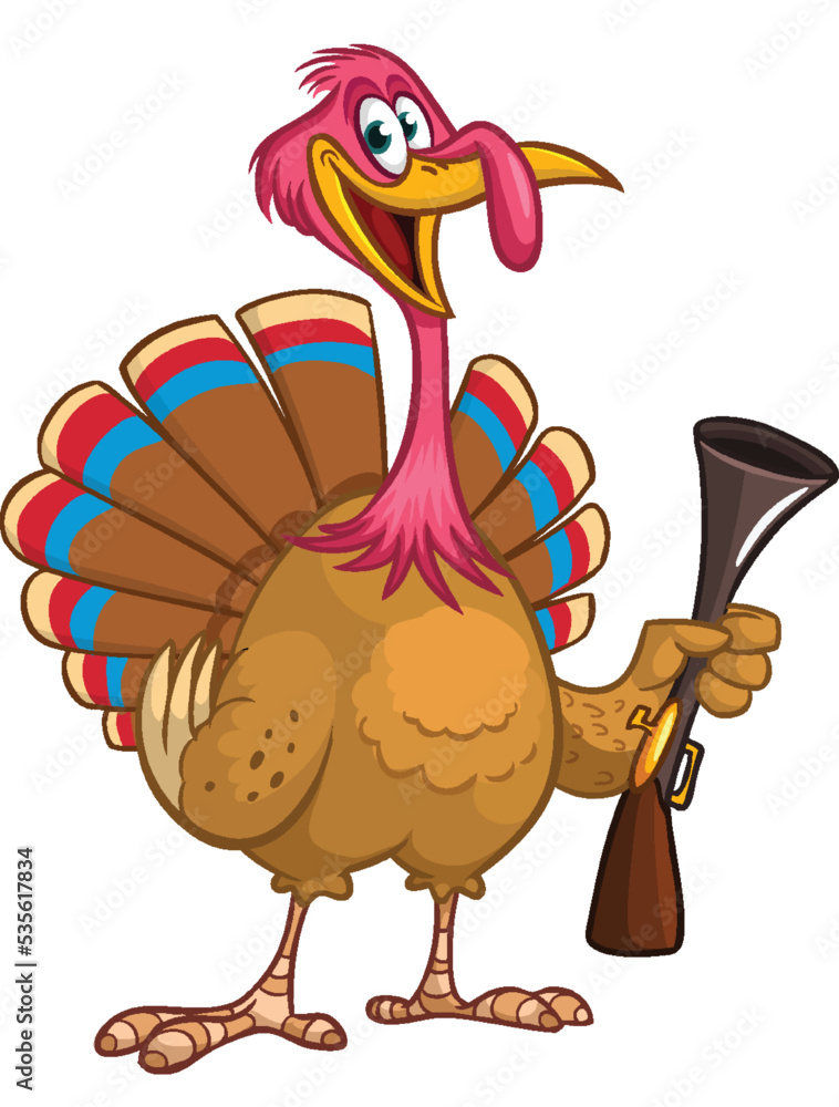 Cartoon happy cute thanksgiving turkey bird holding a gun. Vector ...