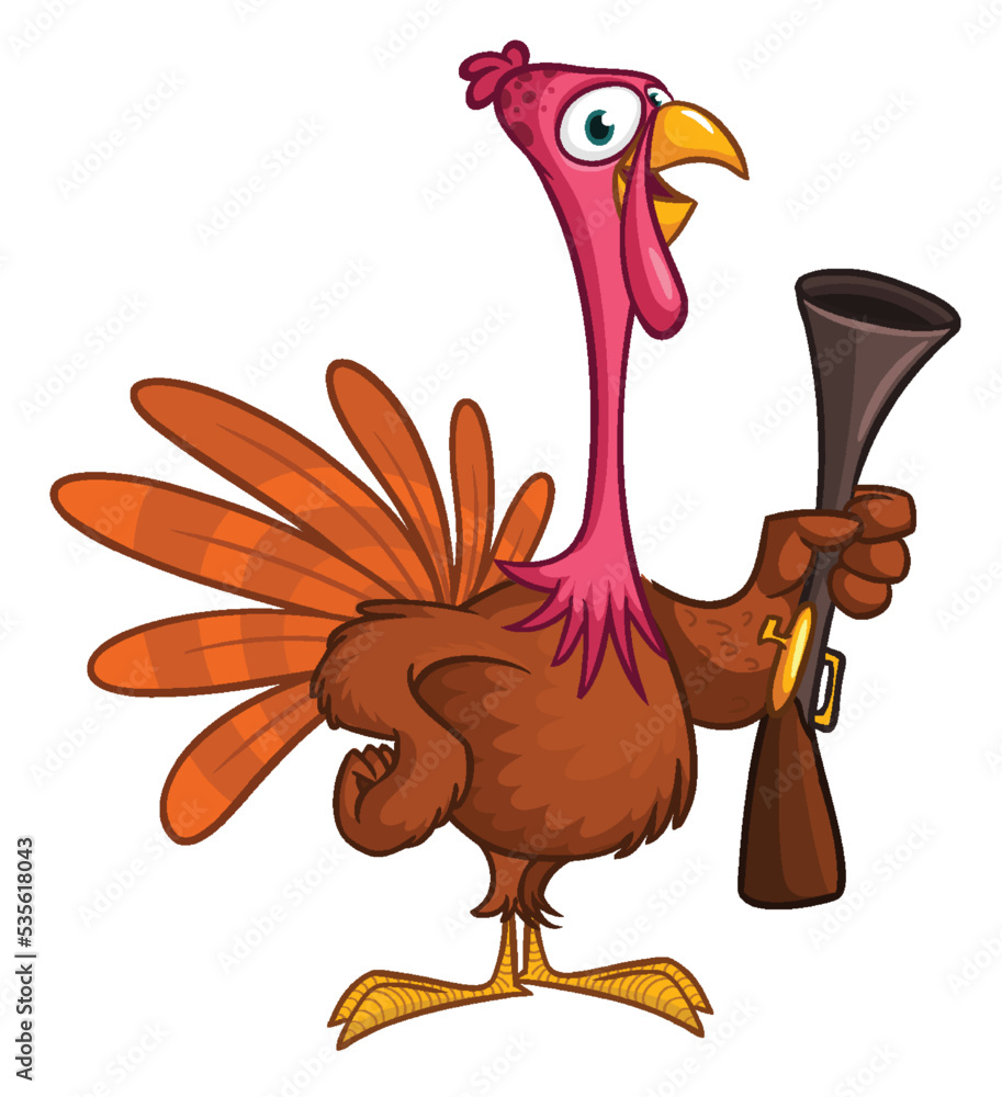 Cartoon happy cute thanksgiving turkey bird holding a gun. Vector ...
