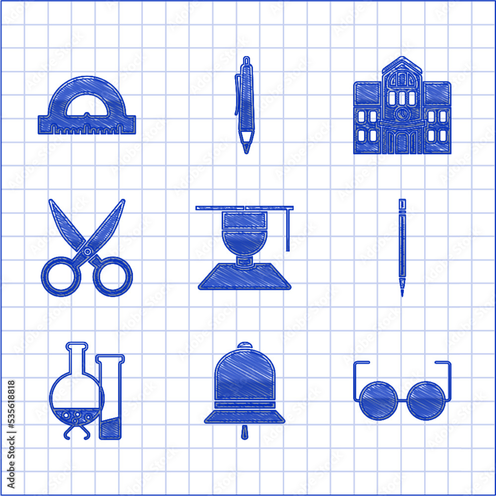 Set Graduate and graduation cap, Ringing bell, Glasses, Pencil with ...