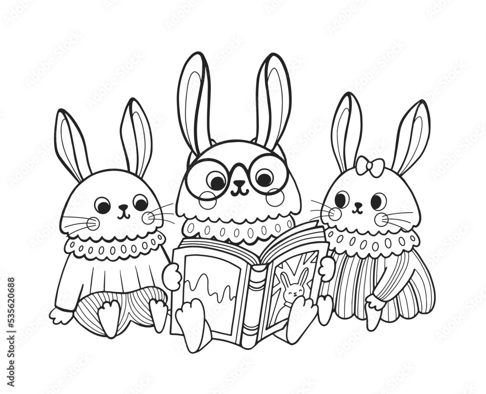 Cute rabbit outline cartoon character. Bunny mom reading fairy tale ...