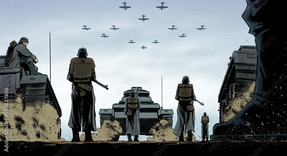 German army invasion - WW2 - tanks and infantry Stock Illustration ...