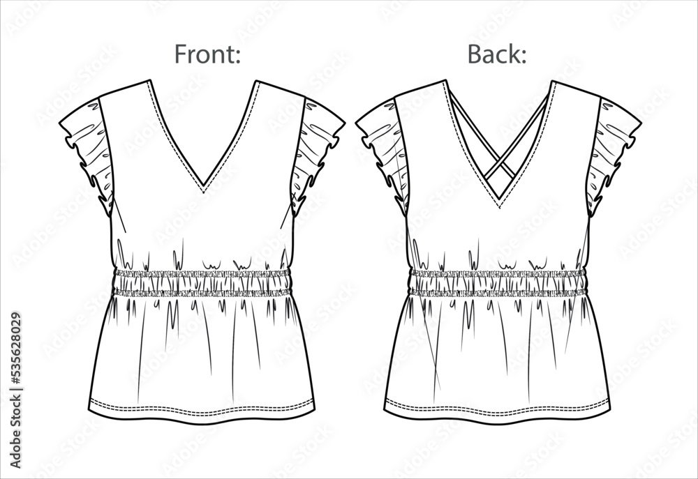Vector long sleeved top with gathering details fashion CAD, woman ...