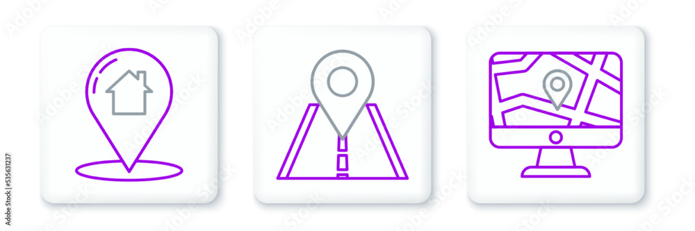 Set line Medical map pointer with cross hospital, Map house and Road ...