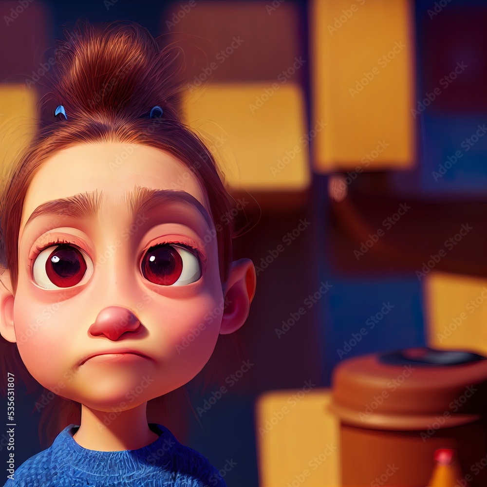 Very young girl with big brown eyes. Cartoon big eyed close up portrait ...