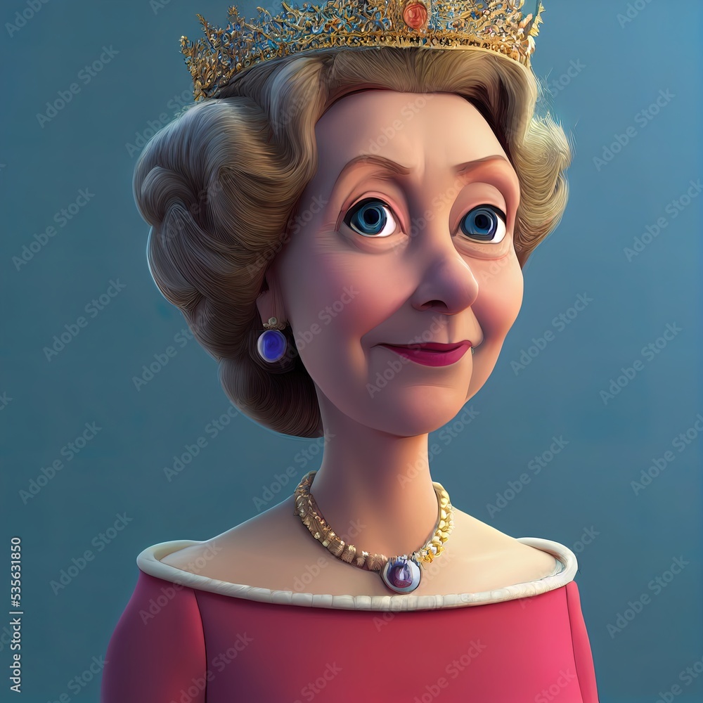 Middle age queen of big nation wearing crown. Cartoon big eyed close up ...