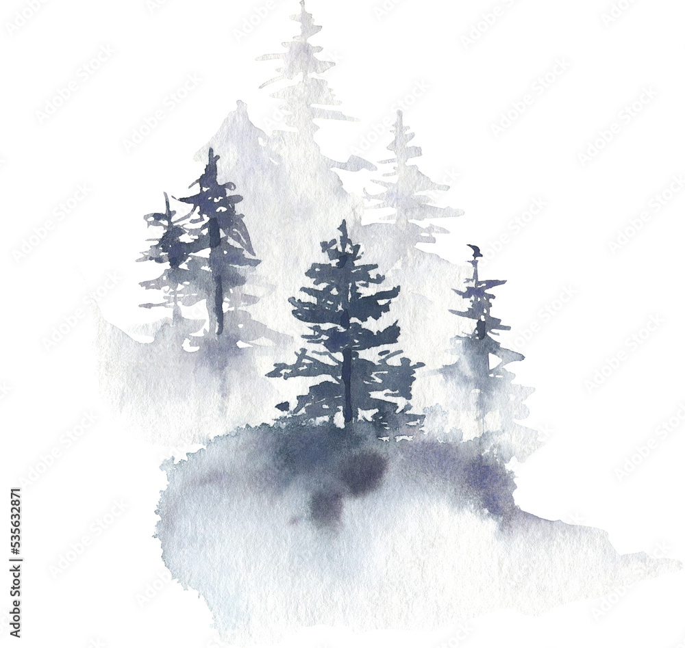 Abstract gray foggy forest. Cut out hand drawn PNG illustration on ...