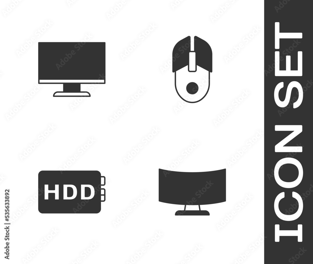 Set Computer monitor screen, , Hard disk drive HDD and mouse icon ...