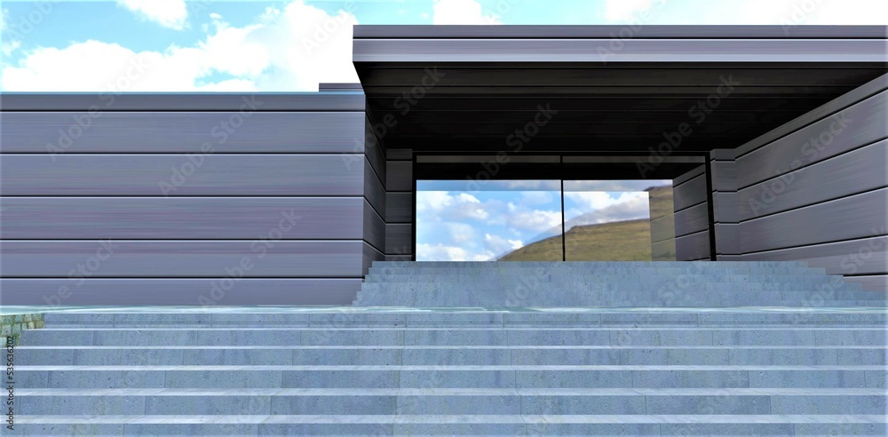 Wide staircase with comfortable concrete steps. Sliding automatic doors ...