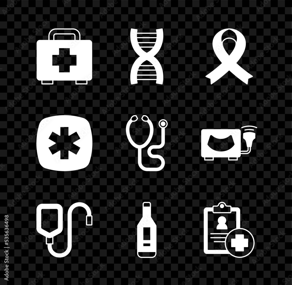 Set First aid kit, DNA symbol, Awareness ribbon, IV bag, Digital ...