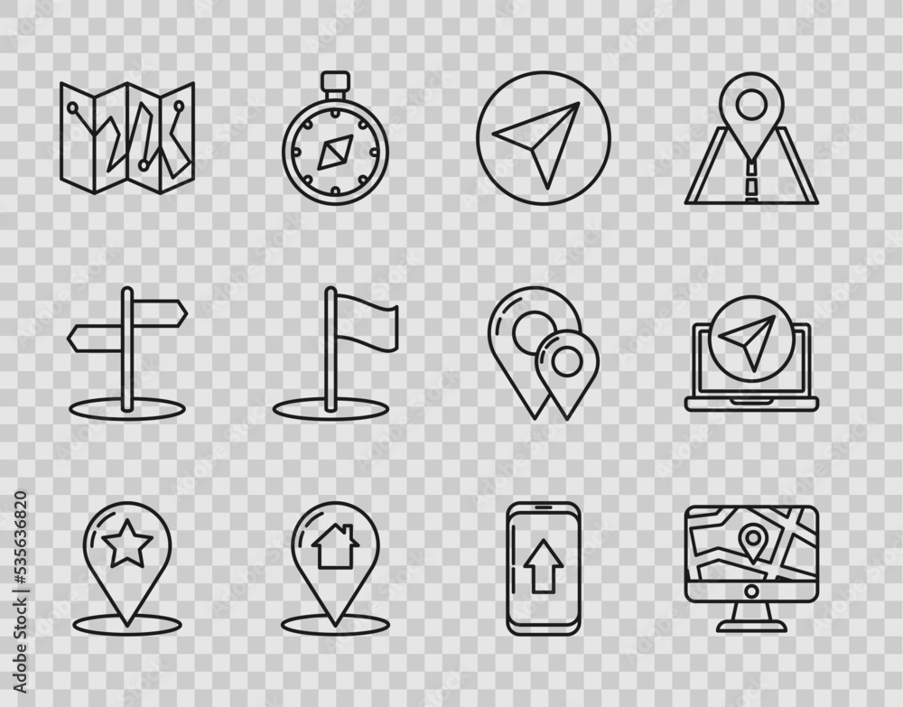 Set line Map pointer with star, Monitor and folded map location, Paper airplane, house, Folded ...