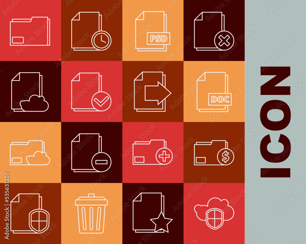 Set line Cloud and shield, Finance document folder, DOC file, PSD ... Set line Cloud and shield, Finance document folder, DOC file, PSD ...