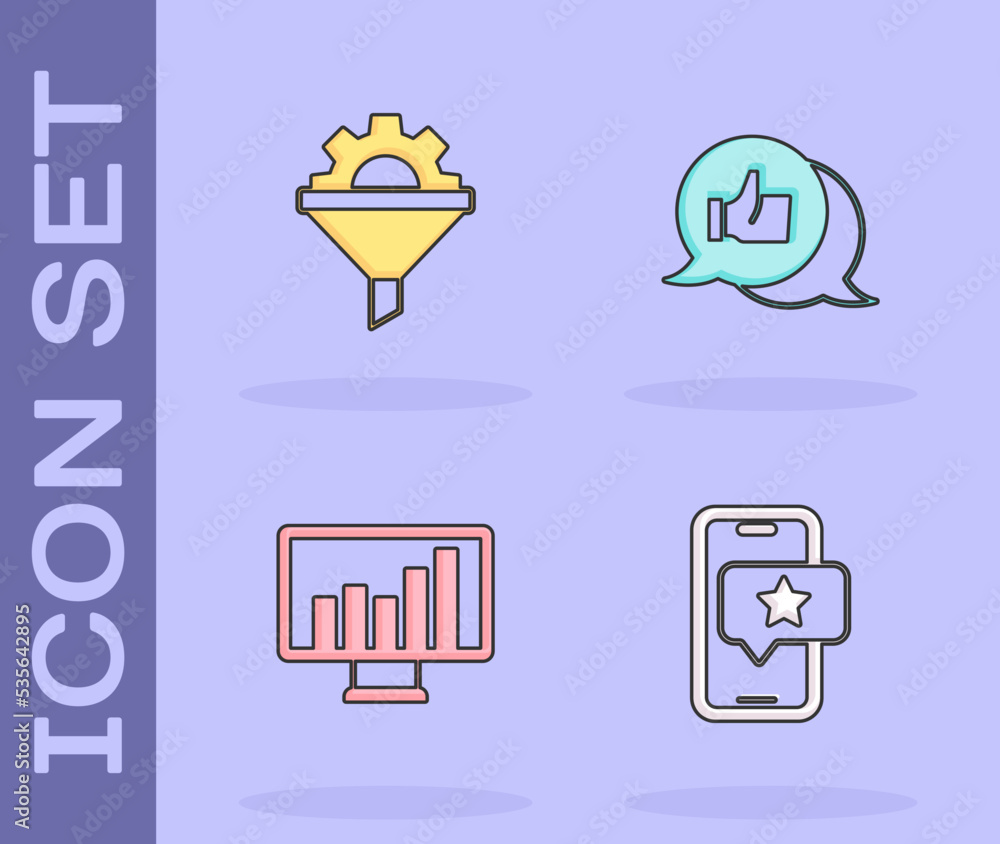 Set Mobile With Review Rating Sales Funnel Gear Monitor Graph Chart And Customer Product Icon