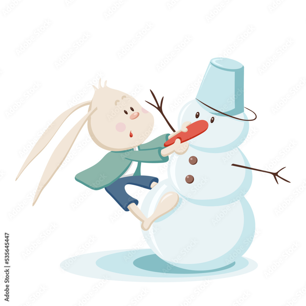 1 / 25 Cute bunny pulls out carrot from the snowman. Christmas, New ...