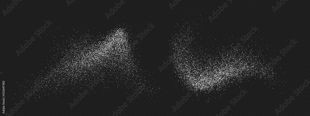 Sugar powder splash, flying salt, baking flour top view. White powder ...