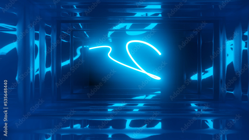 3d render. Neon ray flies in mirror room reflected in numerous mirrors ...