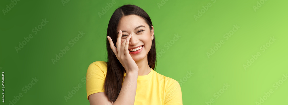 Waist-up sincere happy cheerful tender feminine asian woman brunette ...