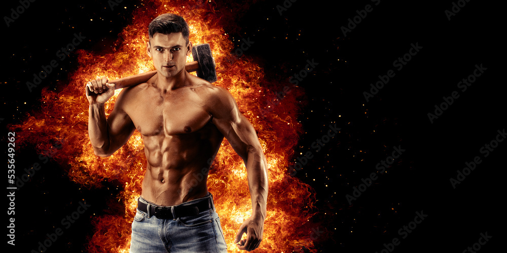 Bodybuilder posing on the fire flames background Stock Photo | Adobe Stock