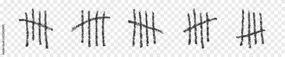 Hand drawn charcoal tally marks on transparent background. Four sticks ...