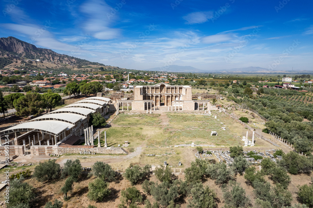 Aerial view with drone; Sardes (Sardis) Ancient City which has ...