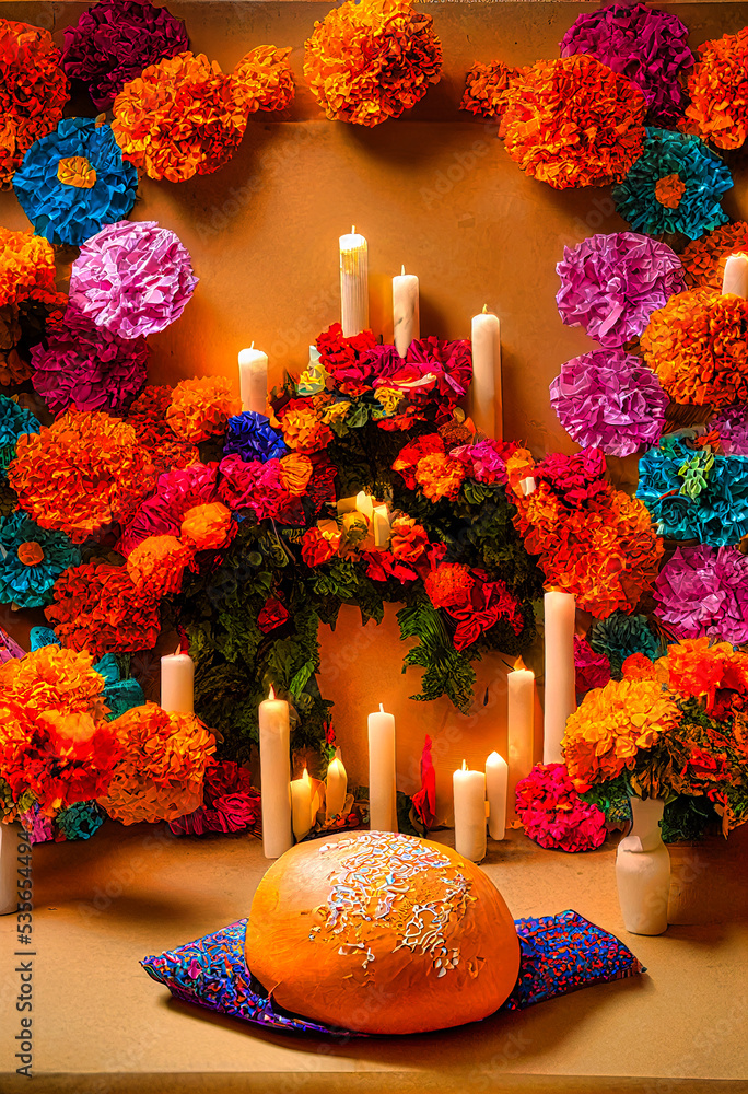 Day of the dead (Dia de Muertos) Altar. Colorful tissue paper with ...