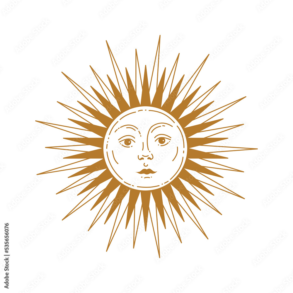 Sun vector linear illustration. Hand drawn celestial illustrations ...