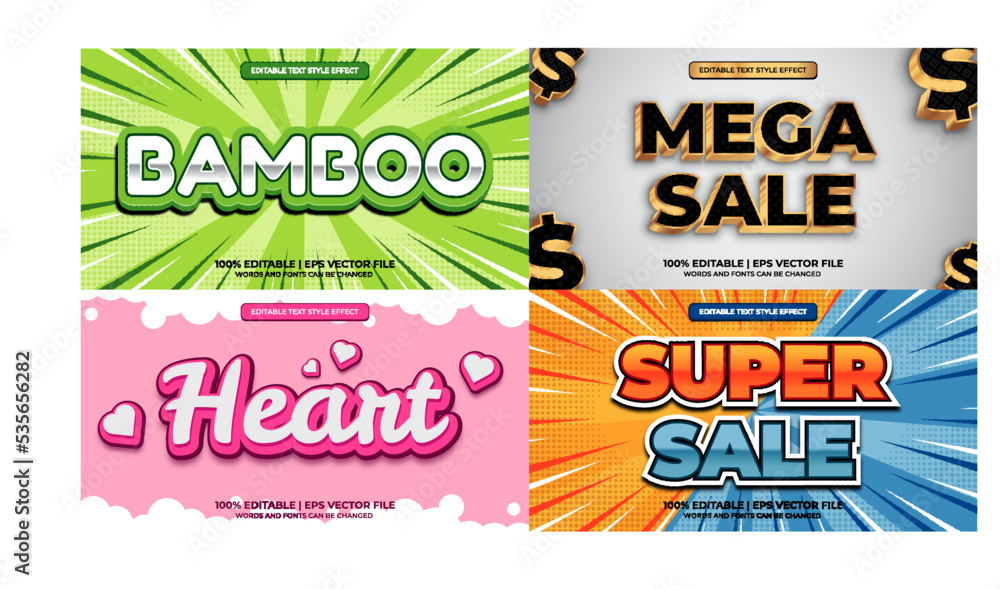 Bundle of editable text effect design vector. Set of editable text effect design. Modern ...
