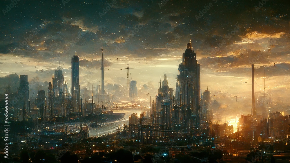 magnificent digital oil painting of a fantasy cityscape under cloudy ...