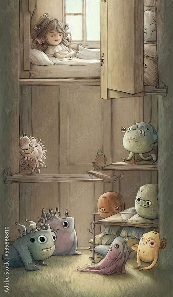 Cute adorable monsters hiding in a wardrobe of a bedroom, storybook ...