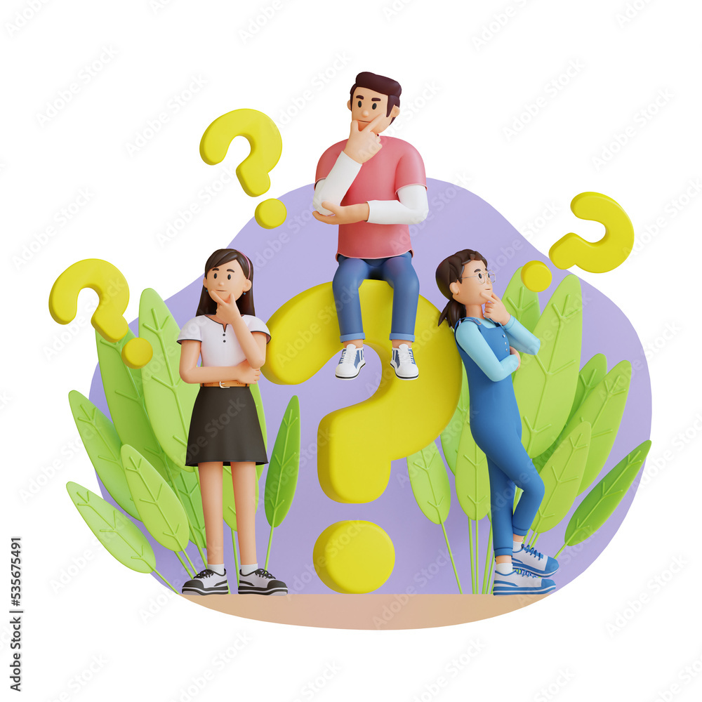 teenagers are standing thinking with a big question mark 3d character ...