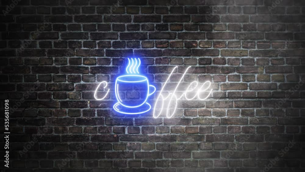 Realistic coffee neon signboard on bricks wall background. Cursive ...