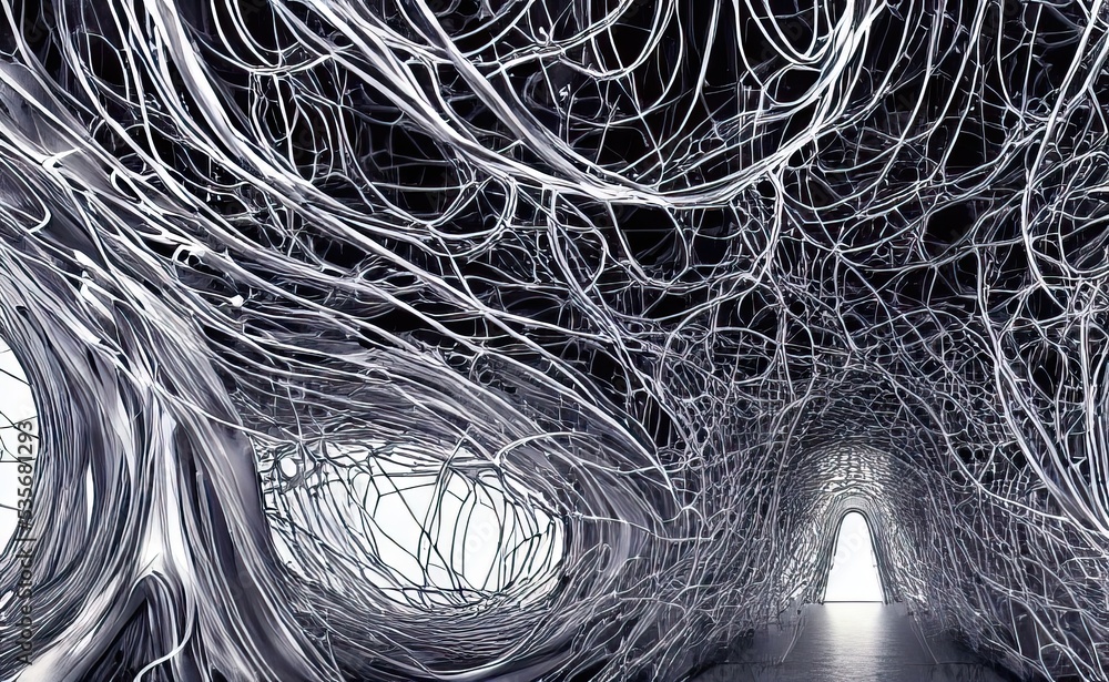 Person brain connected via wires and veins to an ai biomech ethereal ...