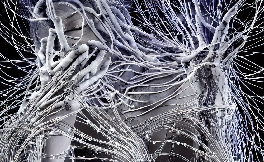 Person brain connected via wires and veins to an ai biomech ethereal ...