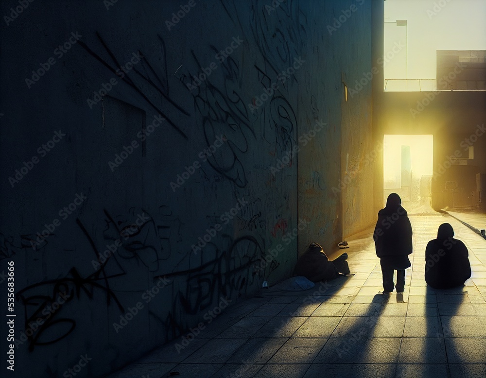 Poverty and homelessness digital illustration, computer-generated to ...