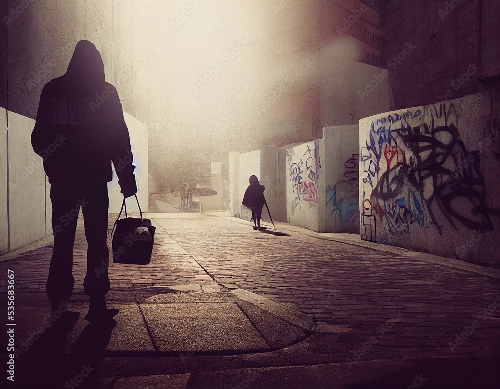 Poverty and homelessness digital illustration, computer-generated to ...