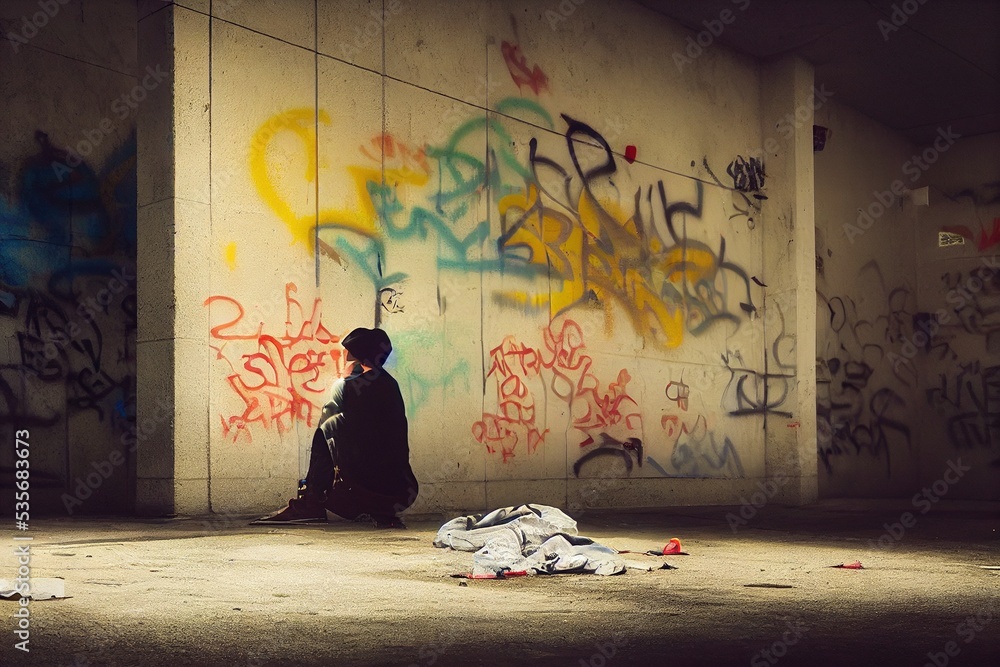 Poverty and homelessness digital illustration, computer-generated to ...