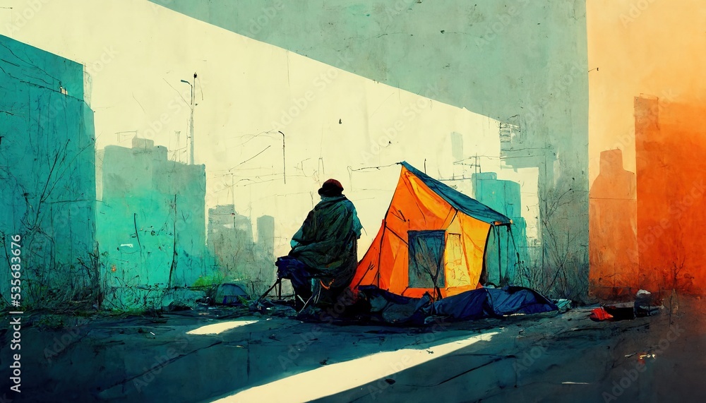 Poverty and homelessness digital illustration, computer-generated to ...