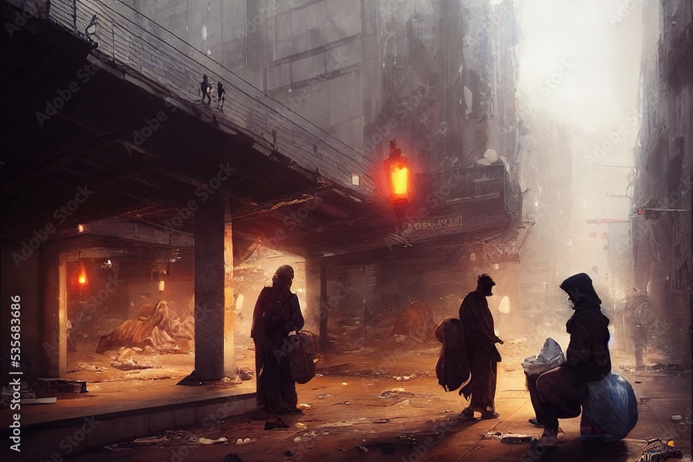 Poverty and homelessness digital illustration, computer-generated to ...
