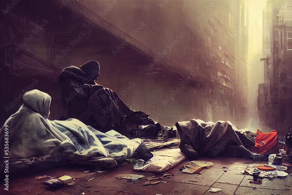 Poverty and homelessness digital illustration, computer-generated to ...