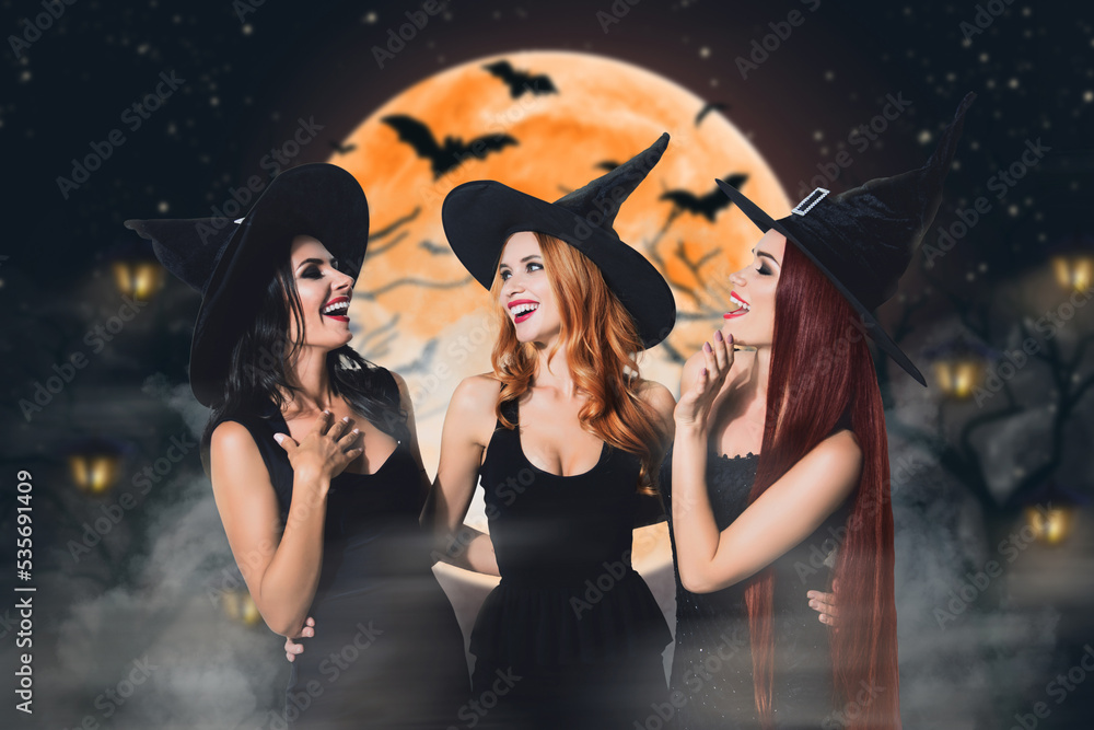 Composite collage picture of three witch girlfriends embrace laugh ...