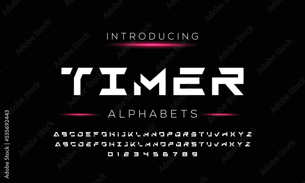 TIMMER style font, bold letters and numbers. Futuristic design type for ...