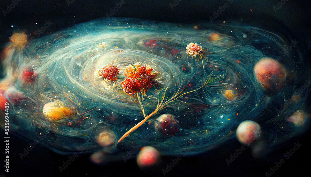 Abstract cosmic, galaxy garden artistic flower with dark, deep space ...