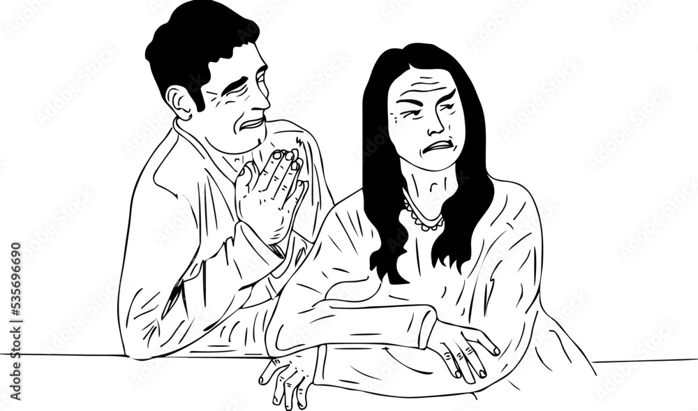 Stockvector sketch drawing of husband saying sorry to wife, outline ...