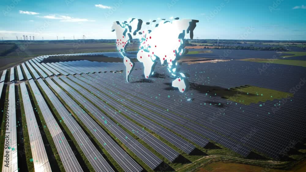 Drone flight over solar panels and world map motion graphic showing ...